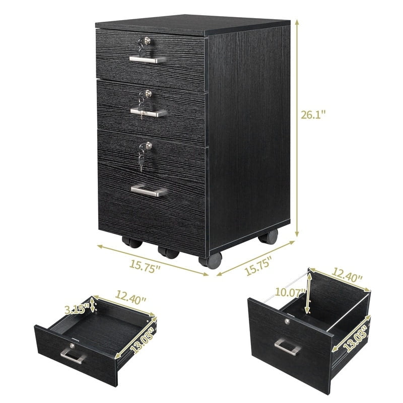3-Drawer Rolling Wood File Cabinet with Lock Black - Walmart.com