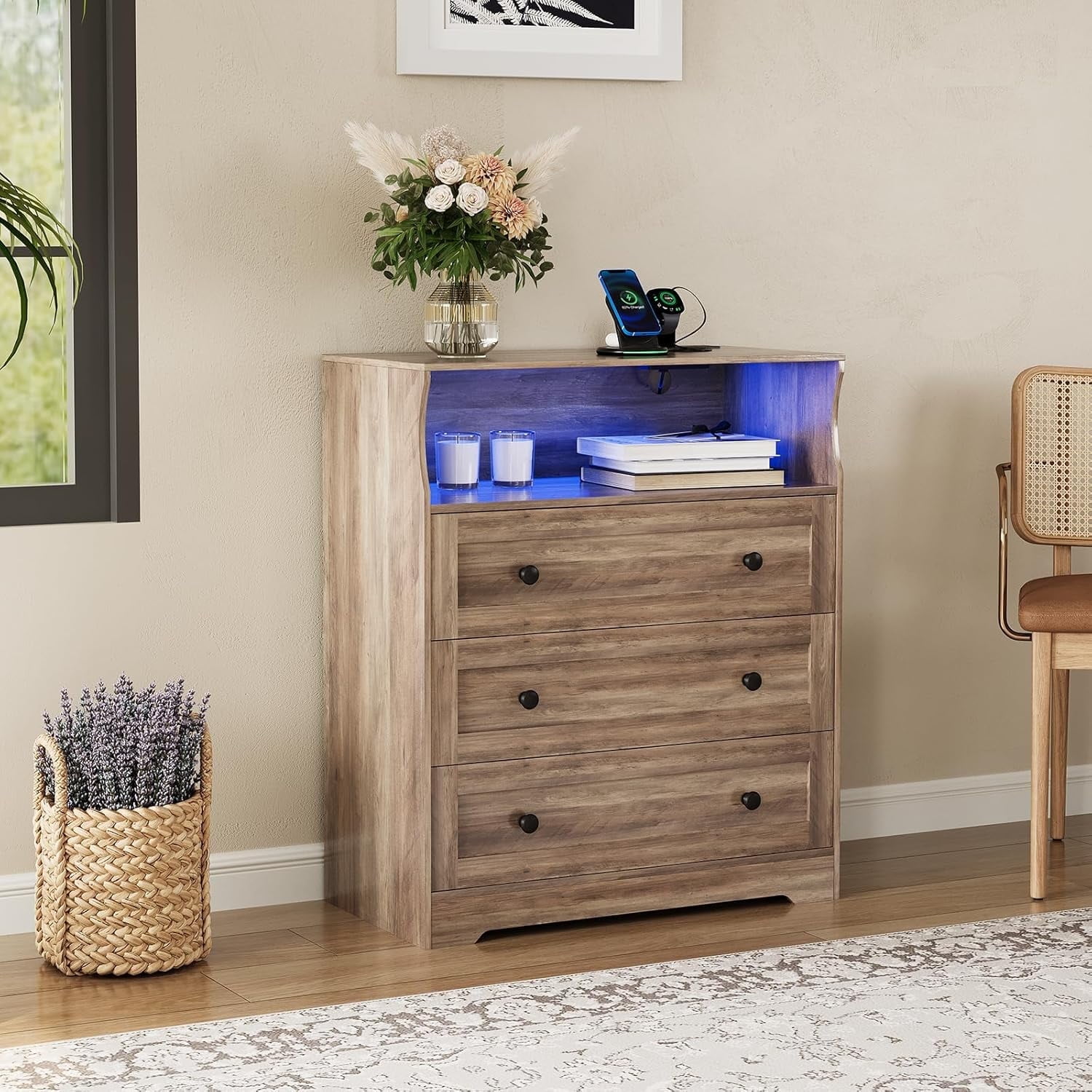 3-Drawer Small Dresser with Charging Station, Modern Wooden Chest for ...
