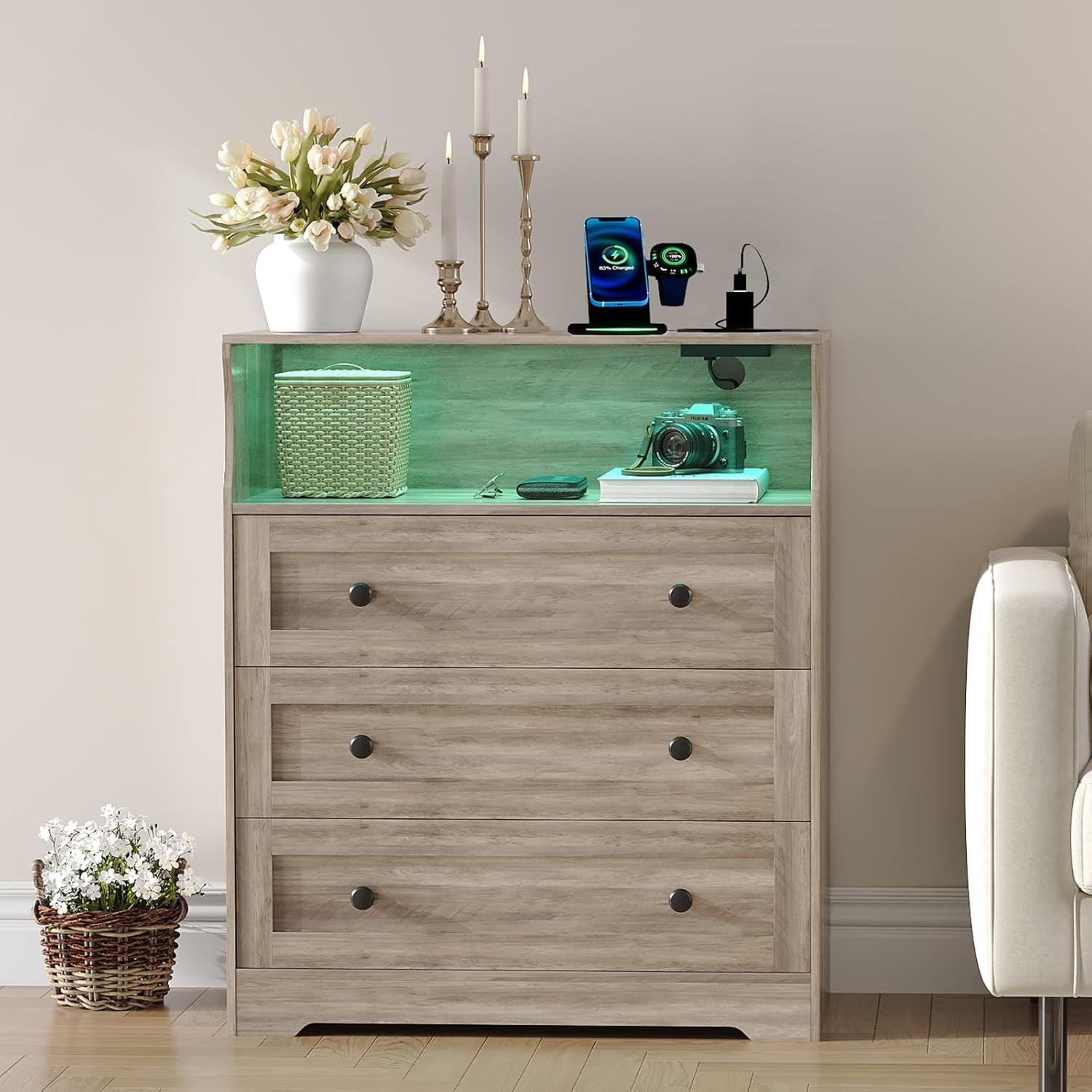 3-Drawer Small Dresser with Charging Station, Modern Wooden Chest of ...