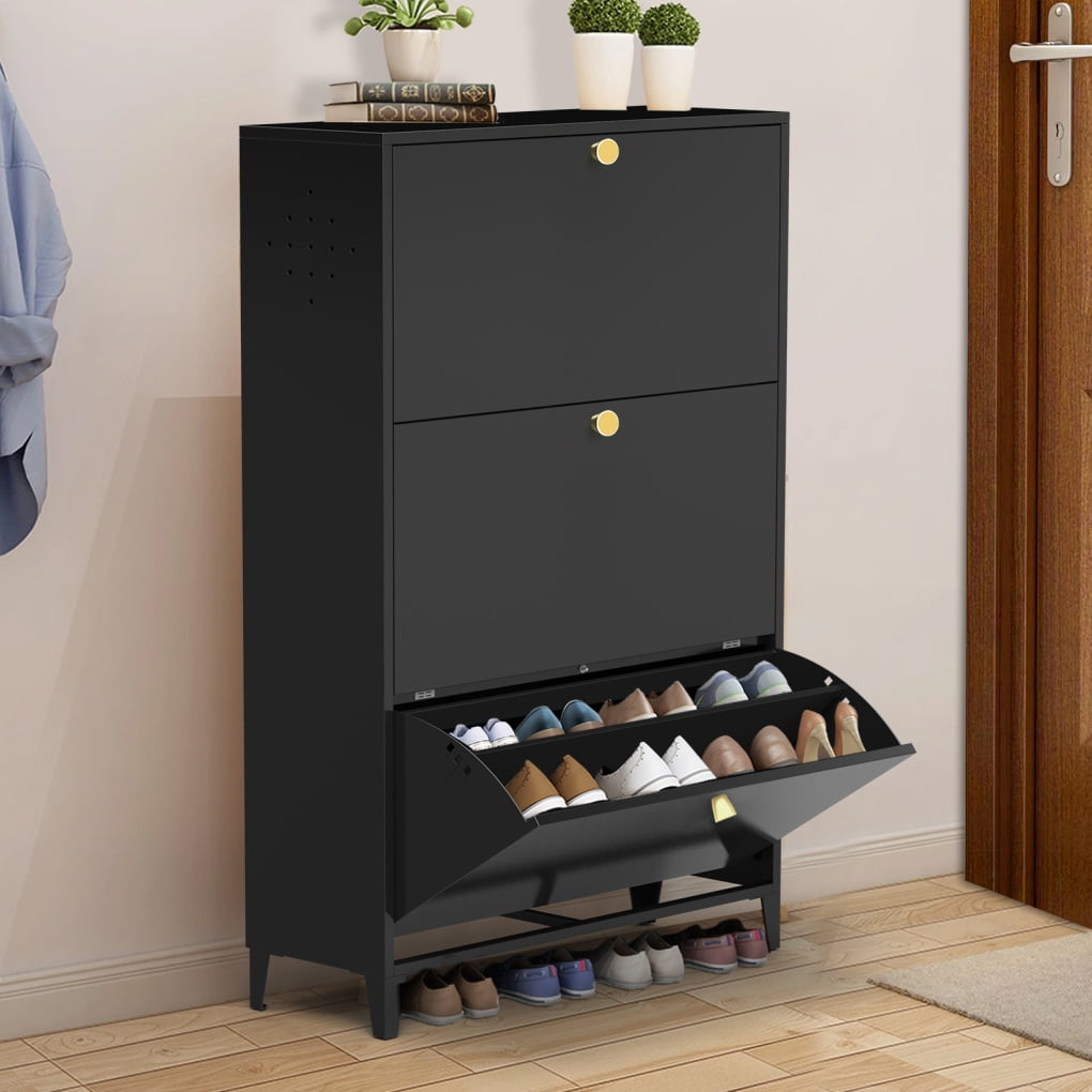 3 Drawer Steel Shoe Cabinet with Flip Drawers for Entryway ...
