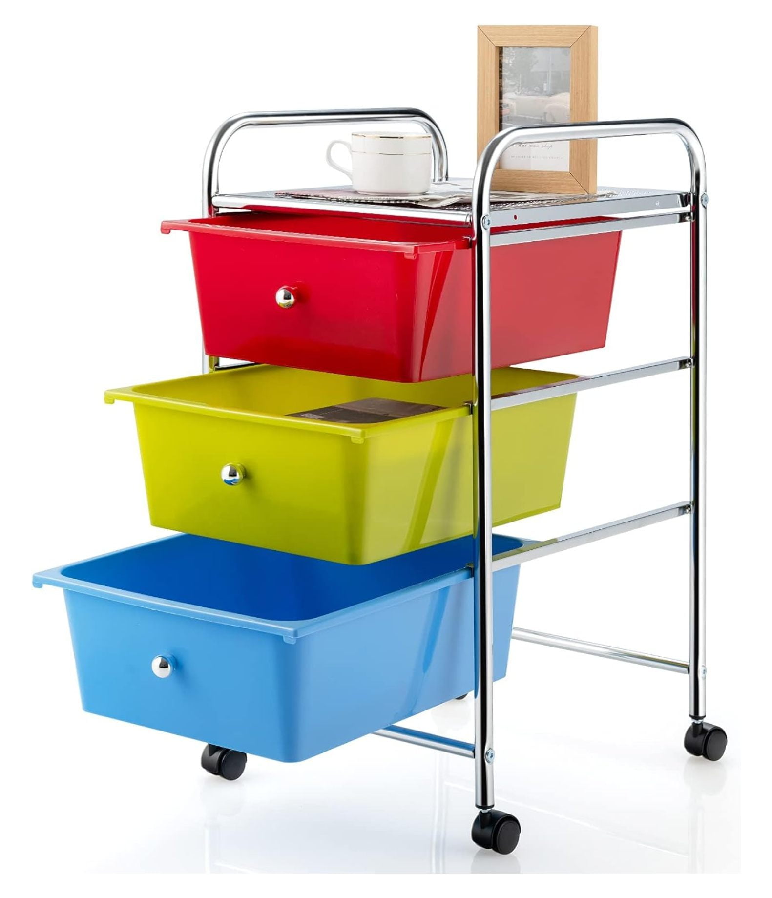 3-Drawer Storage Cart, Rolling Storage Drawer Organizer with Mesh Top ...