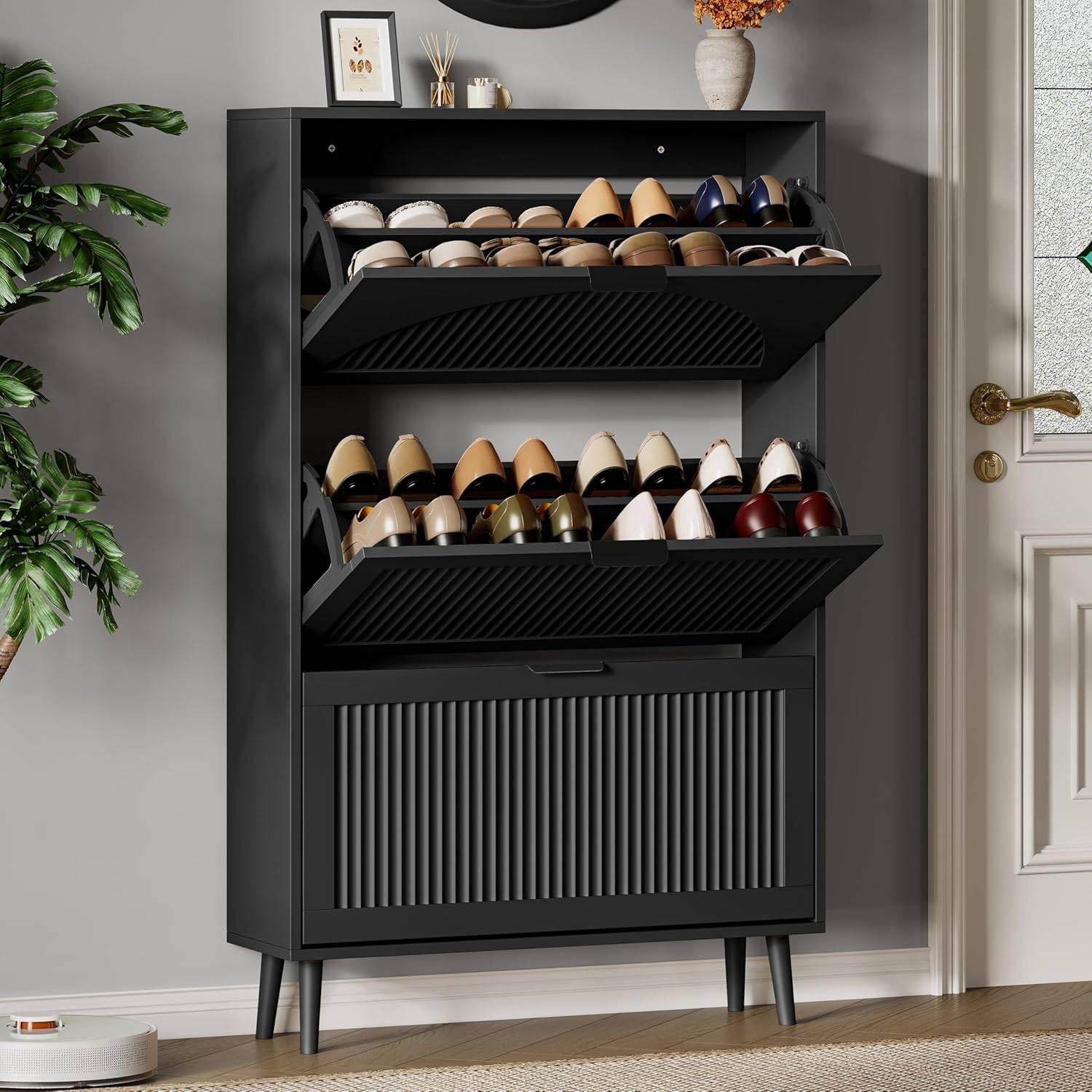 3-Drawer Tall Narrow Shoe Storage Cabinet, 50" Freestanding Fluted Wood ...