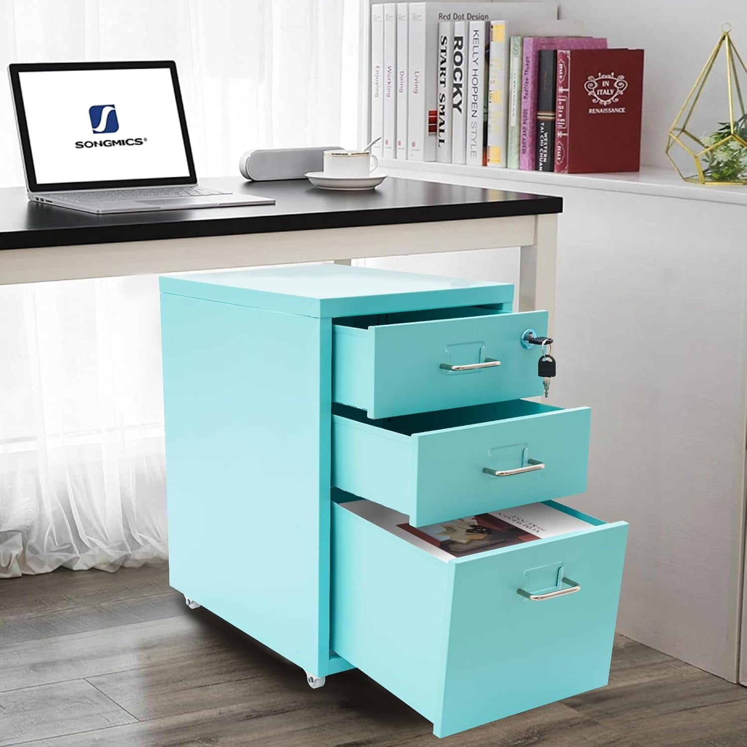 3 Drawer Vertical File Cabinet with Lock Blue Under Desk Metal Mobile ...