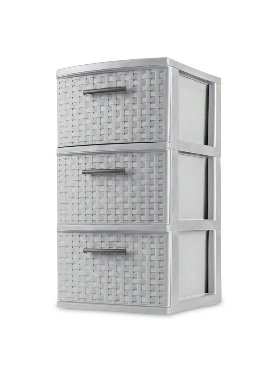3 Drawer Weave Design Storage Tower, White Frame & Drawers W/ Handles ...