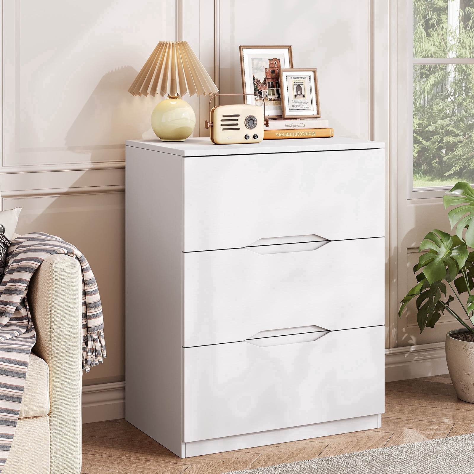 3-Drawer White Dresser with Recessed Handles, Modern Storage Chest for ...