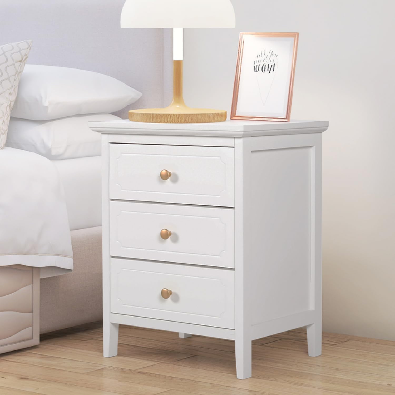 3 Drawer White Nightstand Wooden Large Night Stands with Gold Handle 19 ...
