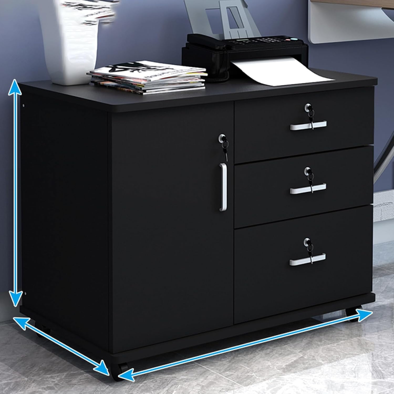 3-Drawer Wood File Cabinet, Mobile Lateral Filing Cabinet with Lock ...