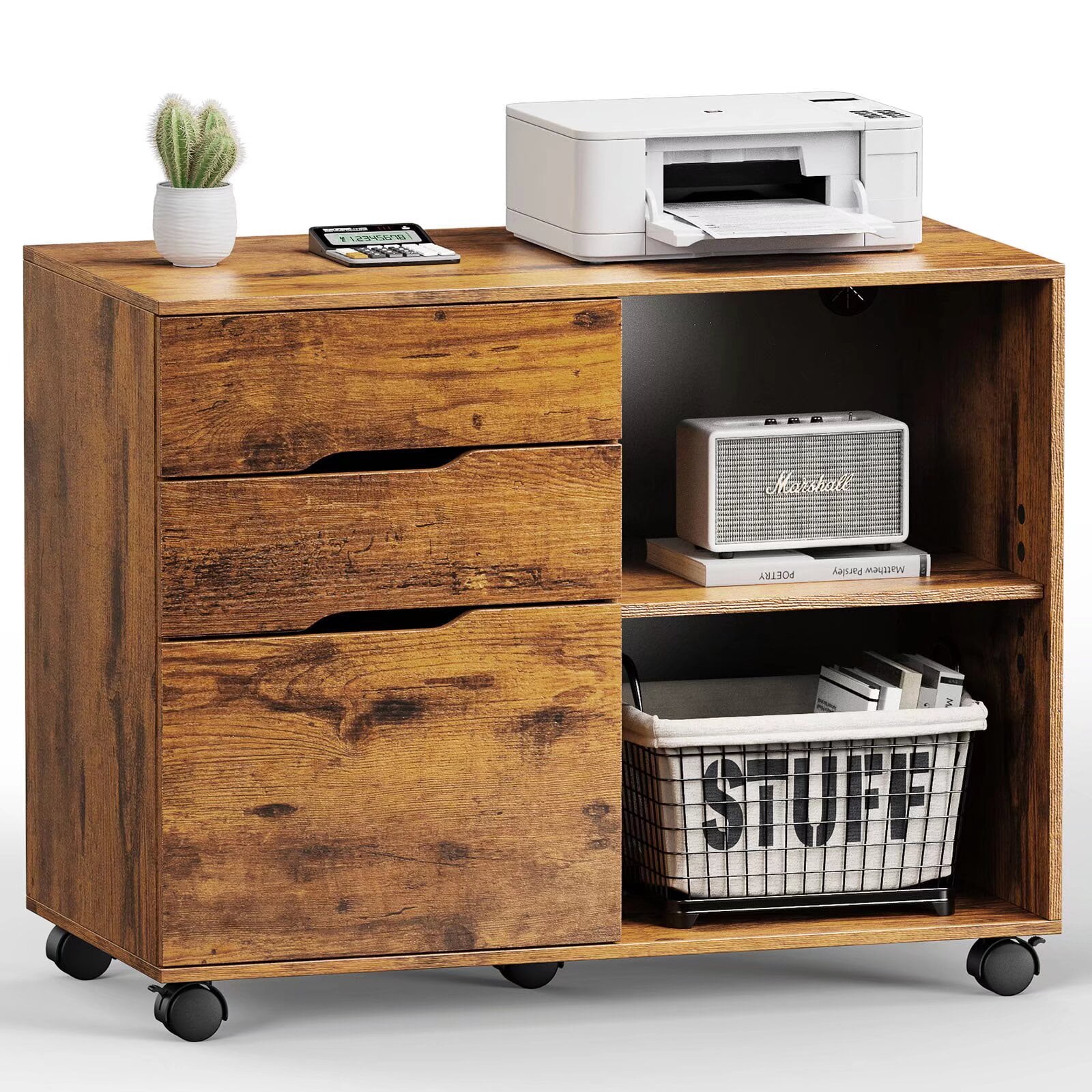 3-Drawer Wood File Cabinet, Mobile Lateral Filing Cabinet, Printer ...