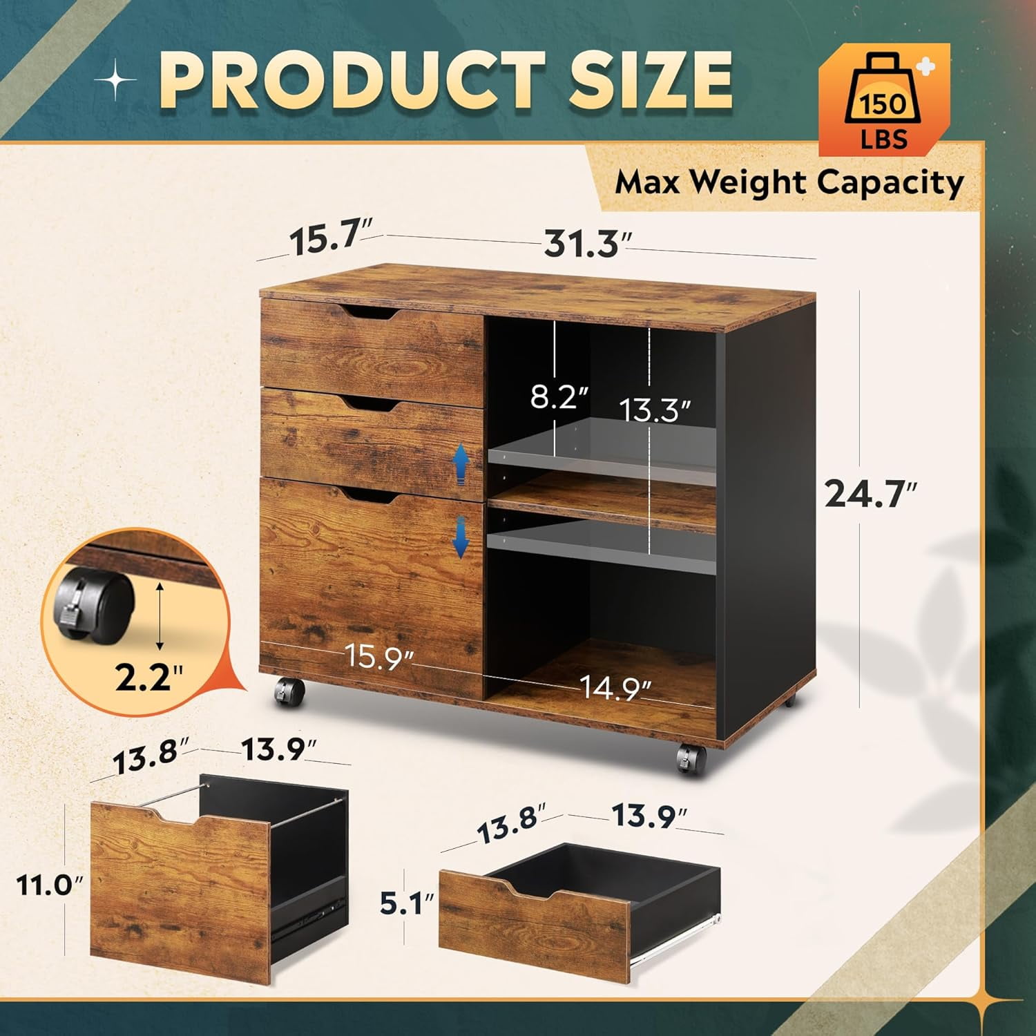 3-Drawer Wood File Cabinet, Mobile Lateral Filing Cabinet, Printer ...