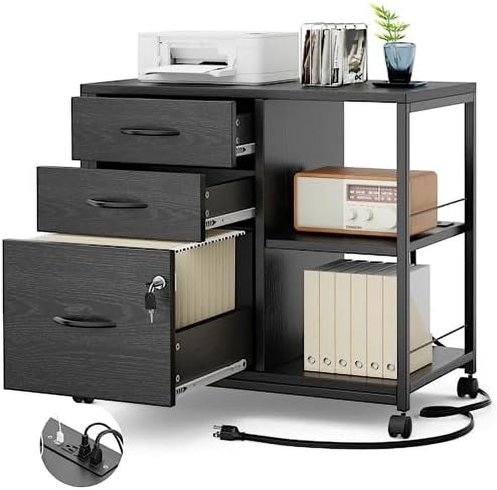 3 Drawer Wood File Cabinet with Socket and USB Charging Ports for ...