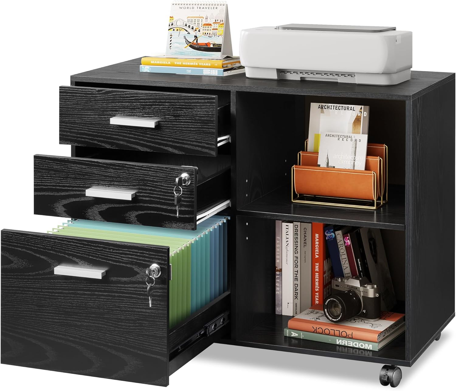 3-Drawer Wood File Cabinet with Lock, Mobile Lateral Filing Cabinet ...