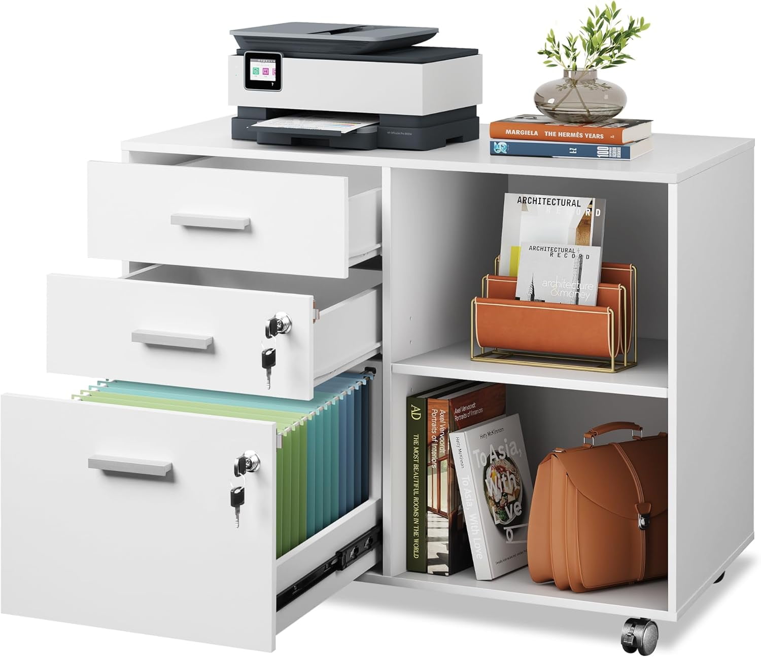 3-Drawer Wood File Cabinet with Lock, Mobile Lateral Filing Cabinet ...