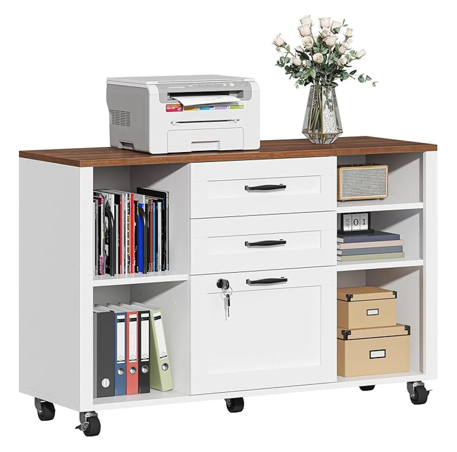 3 Drawer Wood Lateral File Cabinet with Lock, Rolling Mobile Filing ...