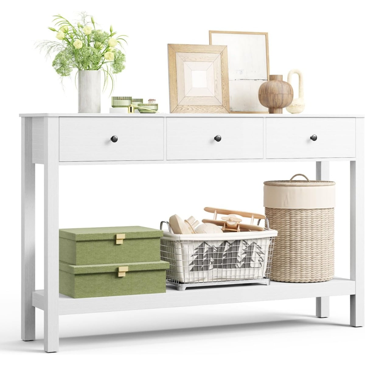 3 Drawer Wooden Sofa Console Table with Open Shelf Metal Round Handles ...