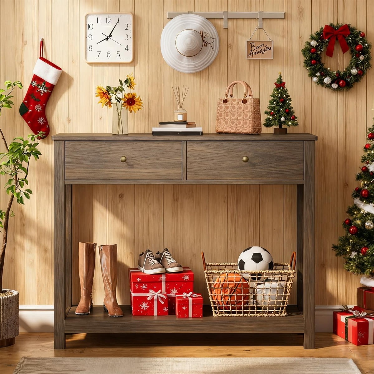 3 Drawer Wooden Sofa Console Table with Open Shelf Metal Round Handles ...