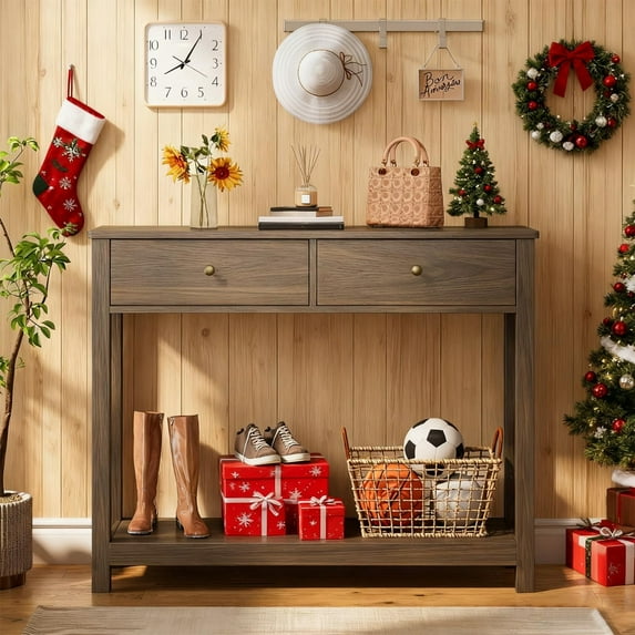 3 Drawer Wooden Sofa Console Table with Open Shelf Metal Round Handles ...