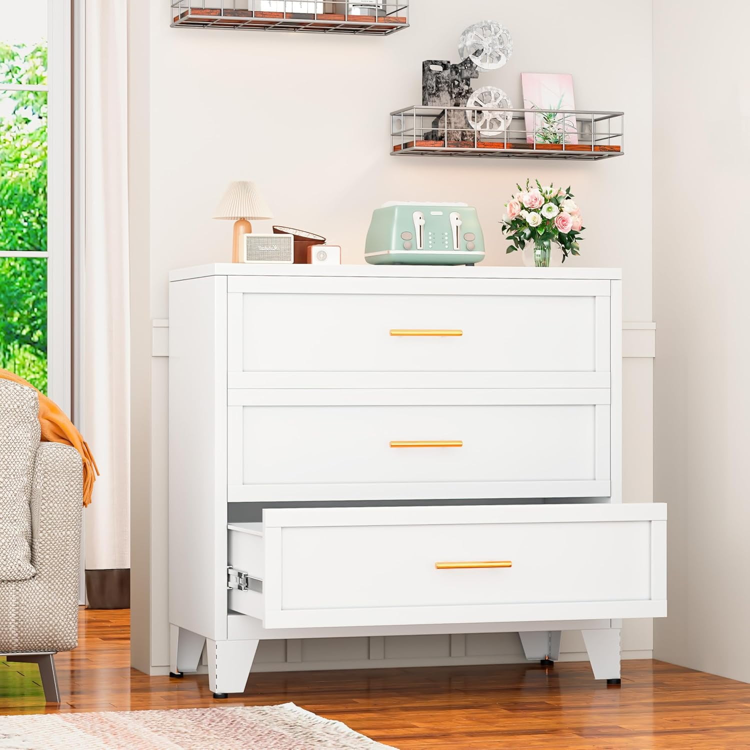 3 Drawers Dresser for Bedroom, Metal Closet Drawer Dresser Chest ...