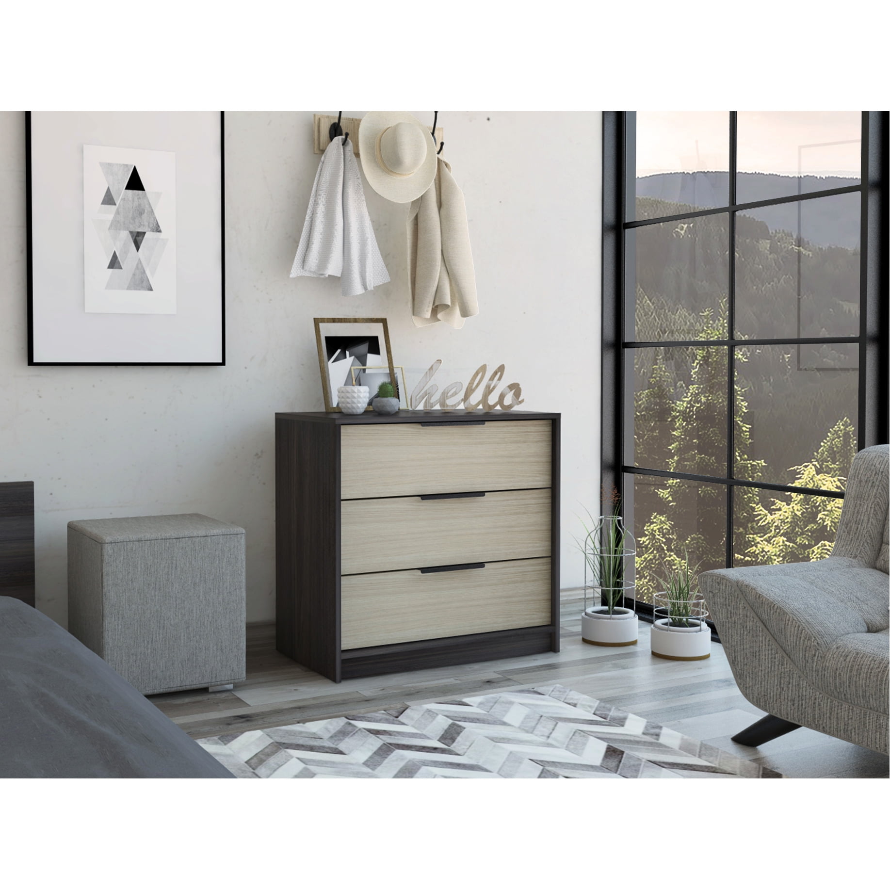 3 Drawers Dresser - Oak / White, Modern Style With Ample Drawer ...