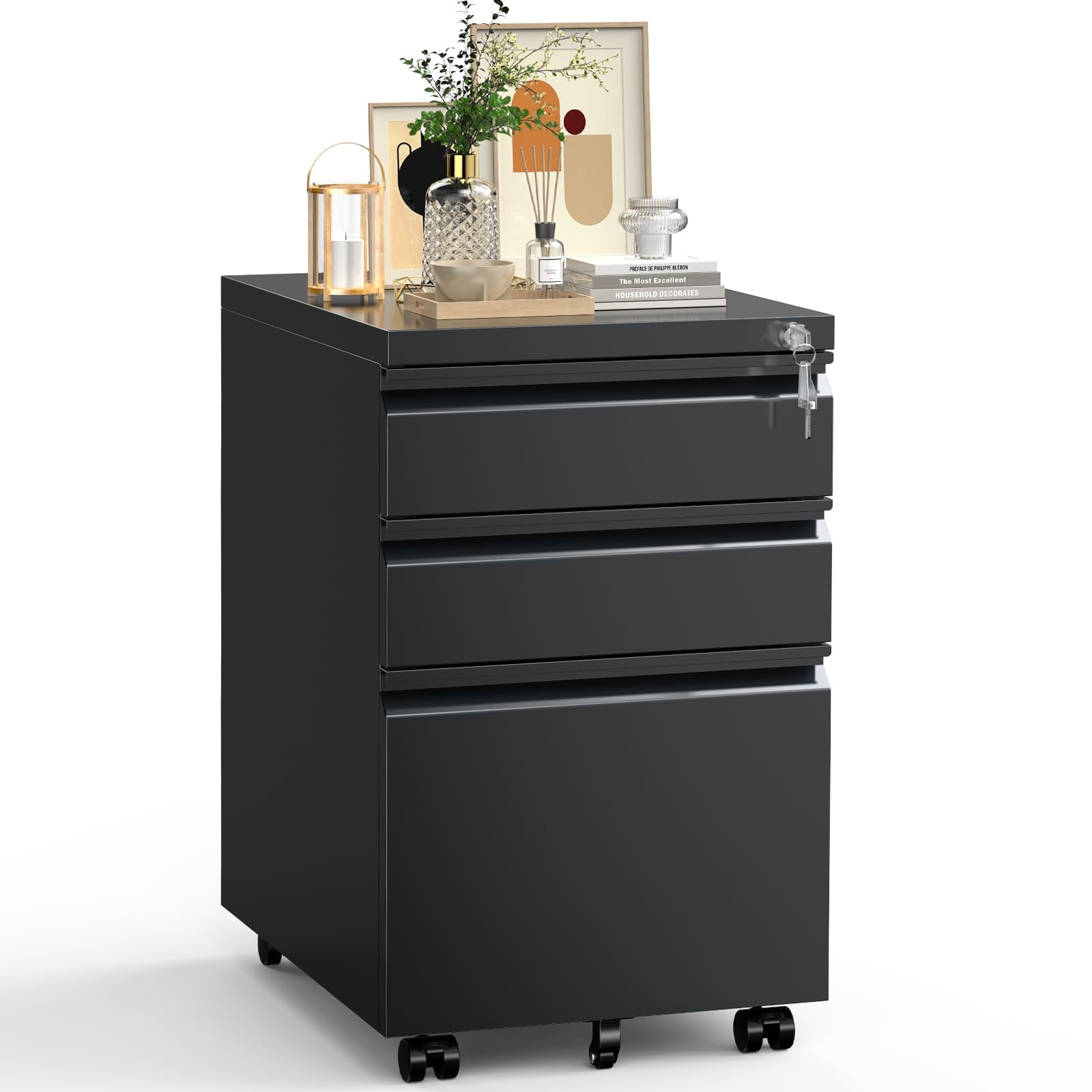 3 Drawers File Cabinet, Rolling File Cabinet with Lock, Black Metal ...