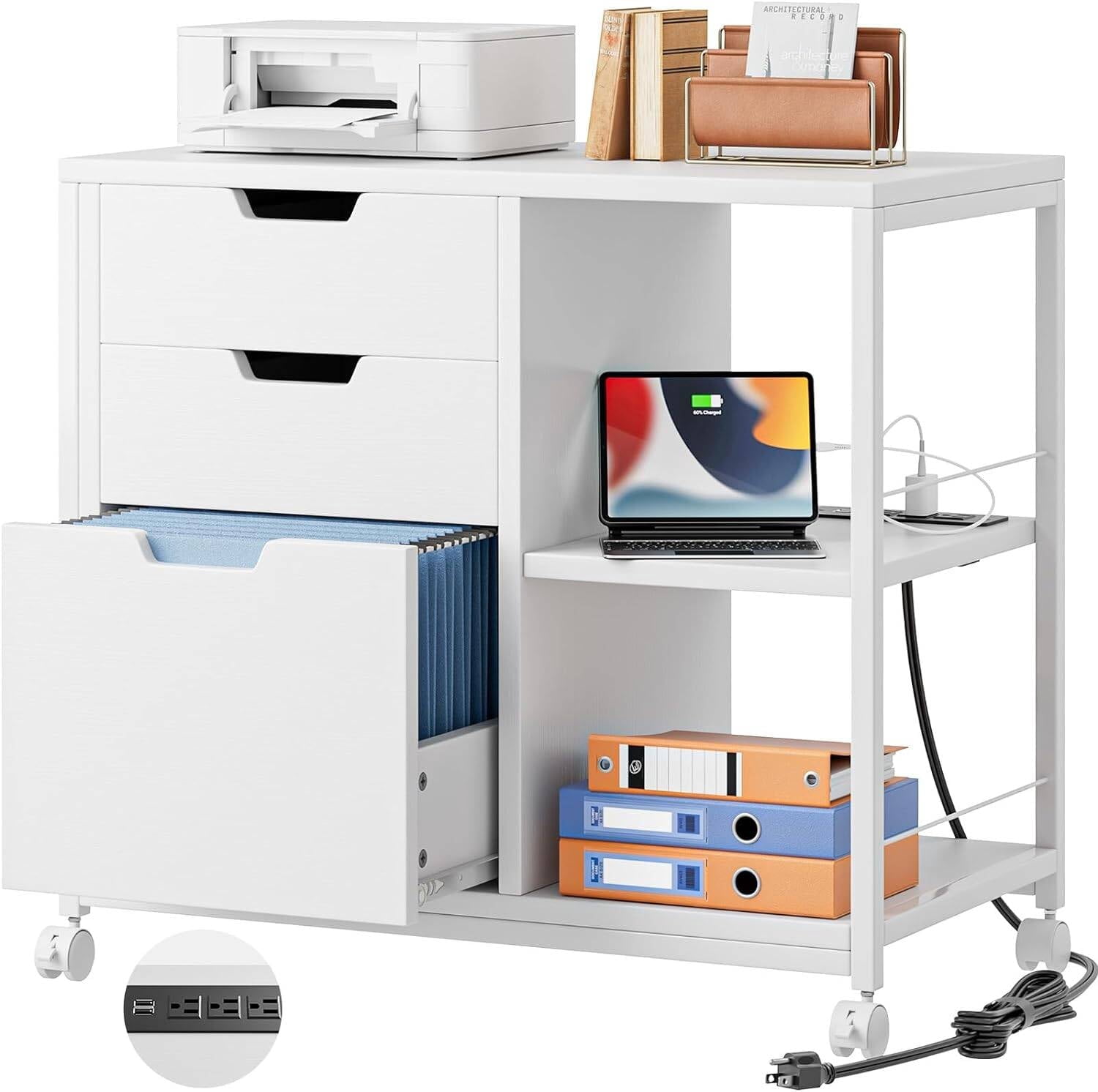 CELLOMOMO Mobile 3-Drawer File Cabinet with Wheels, USB Ports, and ...