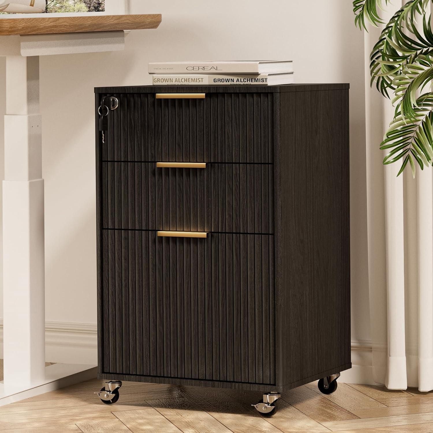 3 Drawers Fluted Mobile File Cabinet with Lock, Rolling File Cabinet ...
