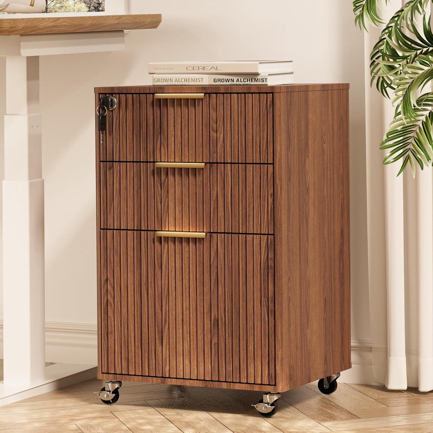 3 Drawers Fluted Mobile File Cabinet with Lock, Rolling File Cabinet ...
