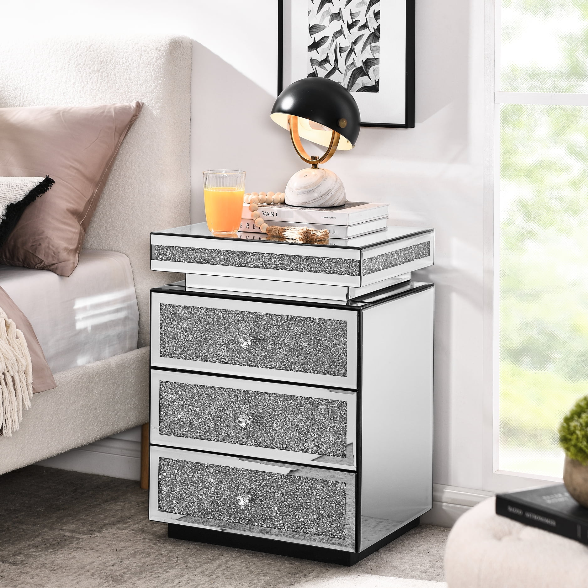 3 Drawers Mirrored Nightstand, Silver Modern Bedroom Side Table With ...