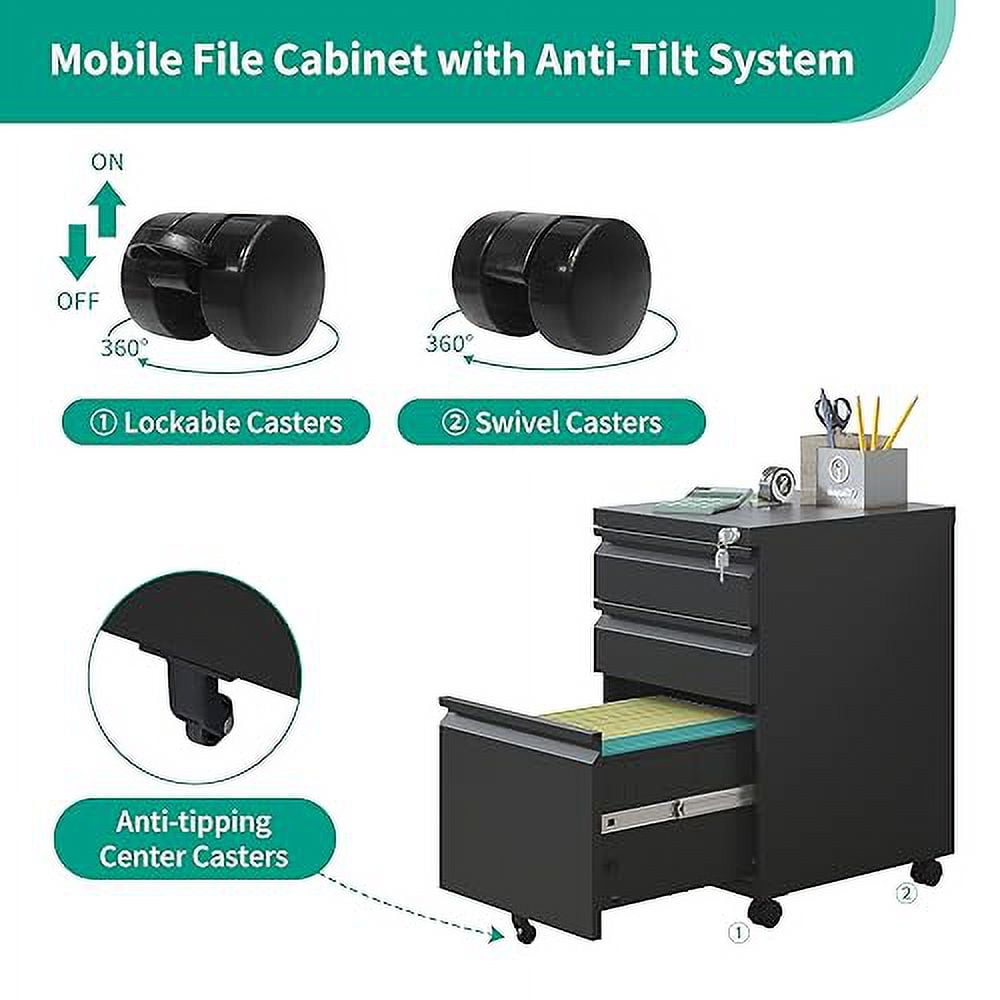 3 Drawers Mobile File Cabinet, Rolling File Cabinets Fully Assembled ...