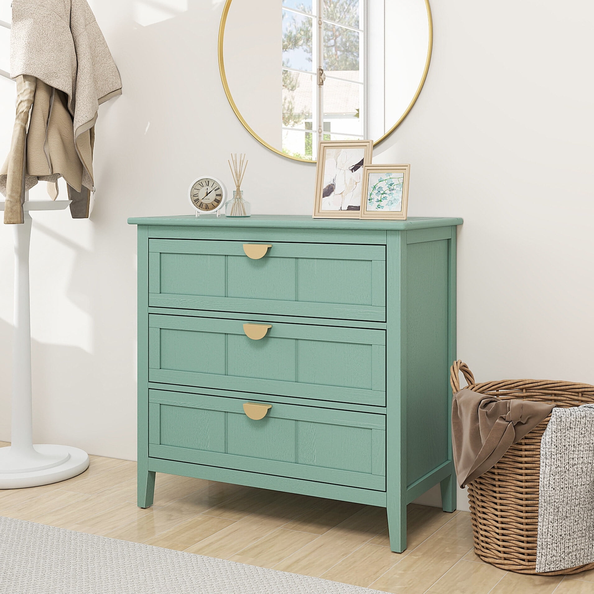 3 Drawers Side Table with Non-Slip Foot Pads, American Style Storage ...