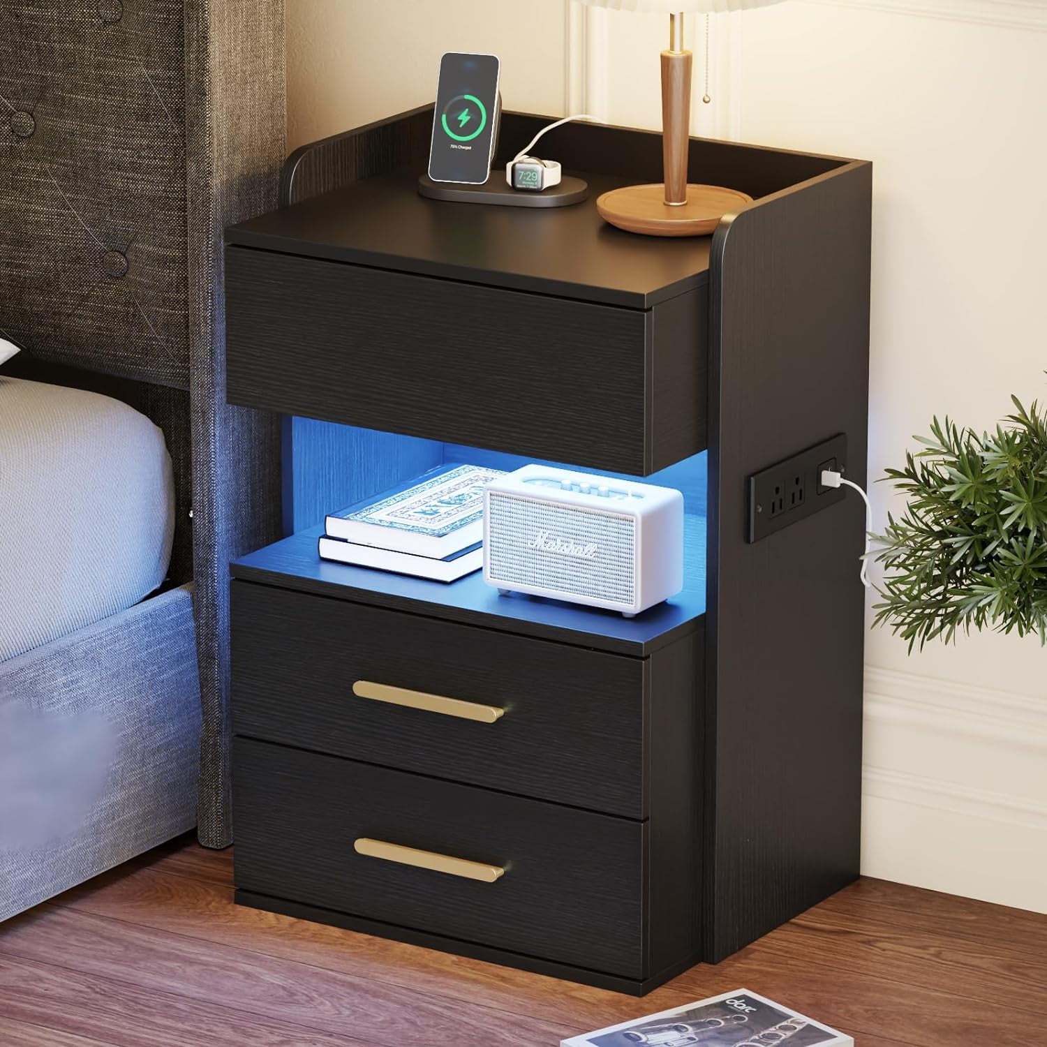 3 Drawers White Nightstand with Charger Station & LED Light,Night Stand ...