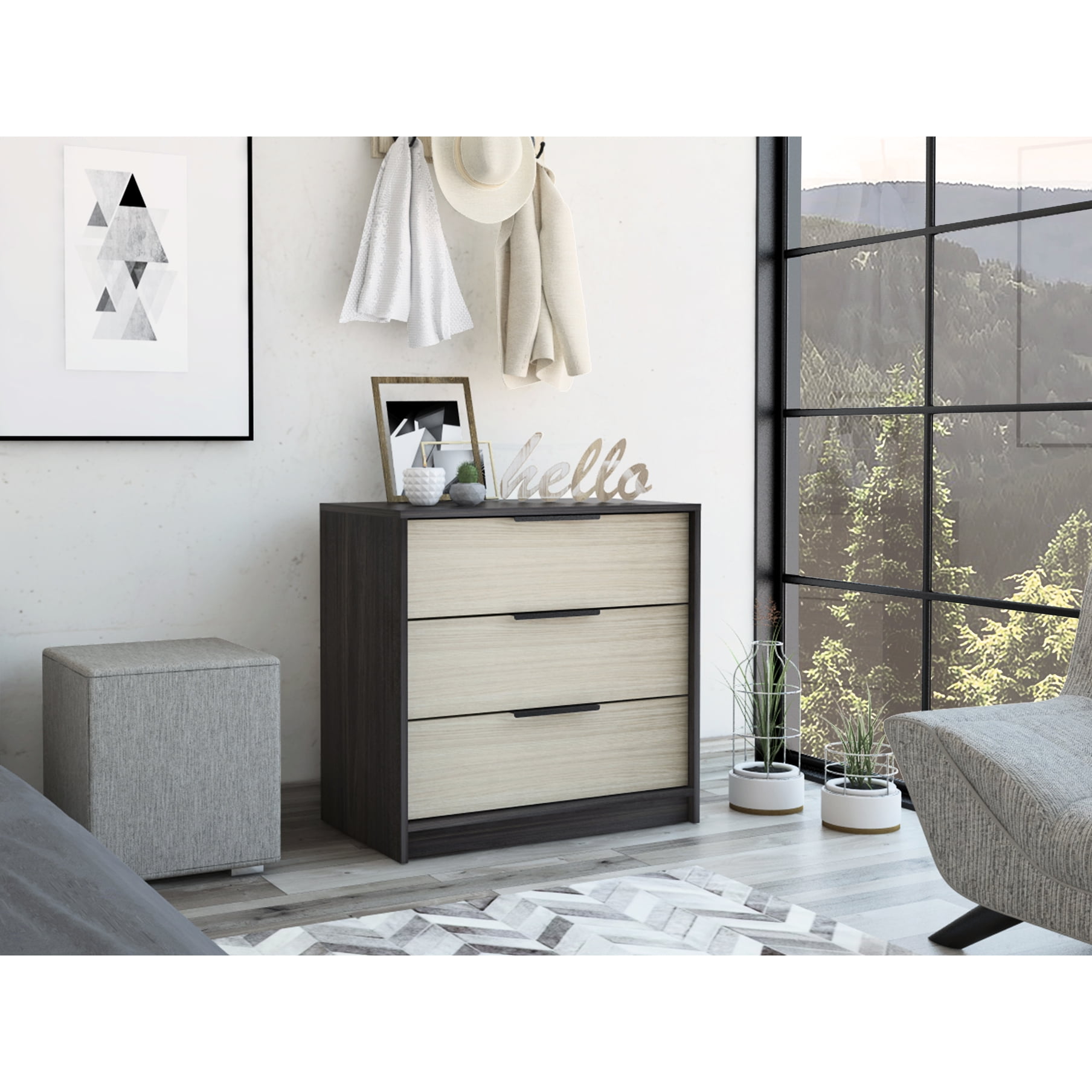 3 Dresser - Black/pine, Modern Chic Design, 3 Spacious Drawer Spaces, 27.5" Wide For Interior ...