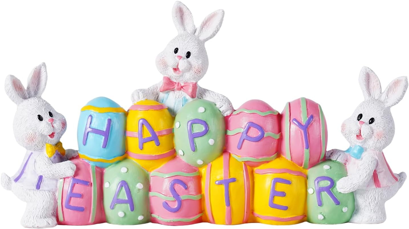 3 Easter Bunny Holding Eggs Decorations - Resin Bunny Figurines, Happy ...