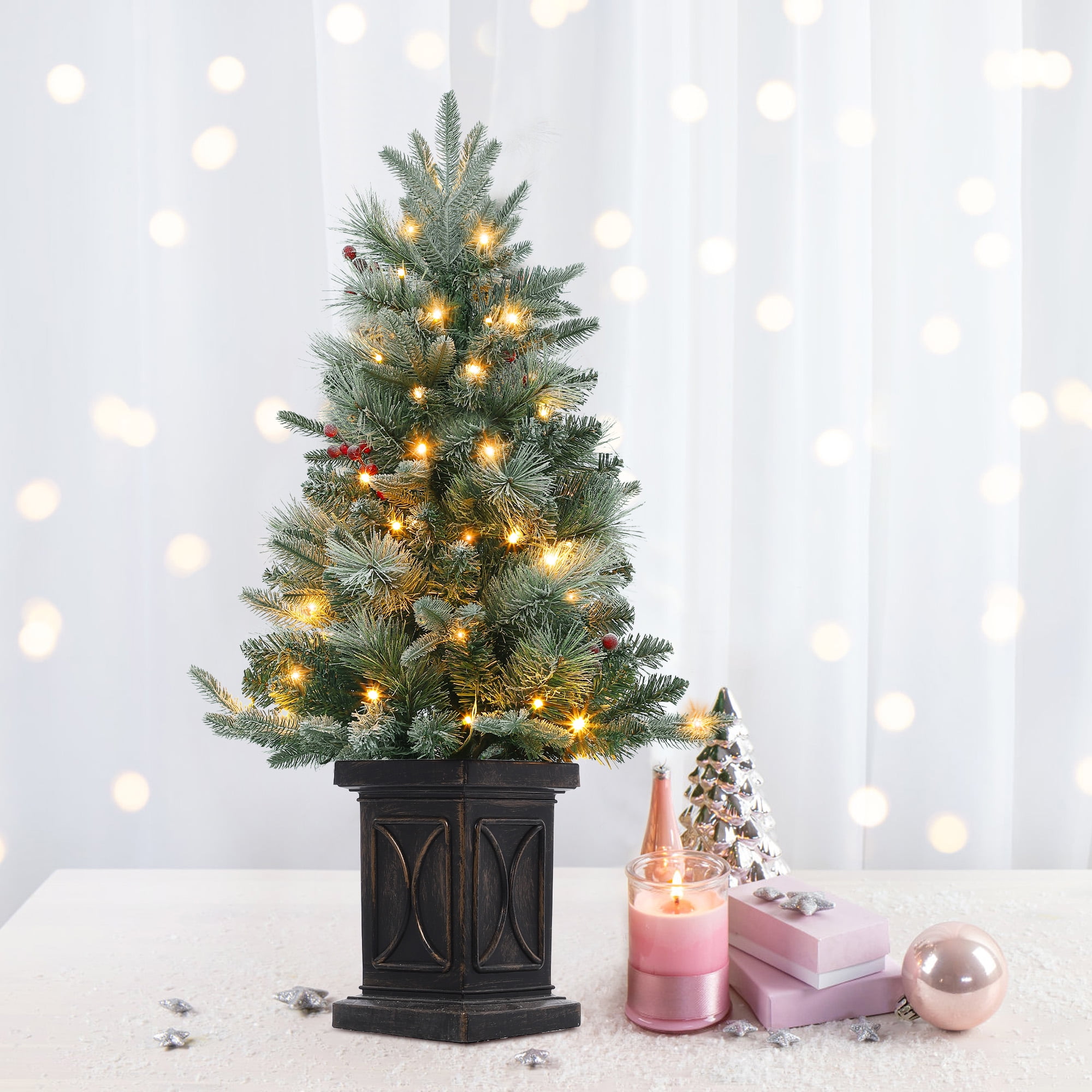 3 FT Prelit Artificial Snow Flocked Mini Xmas Tree, Tabletop Battery ...