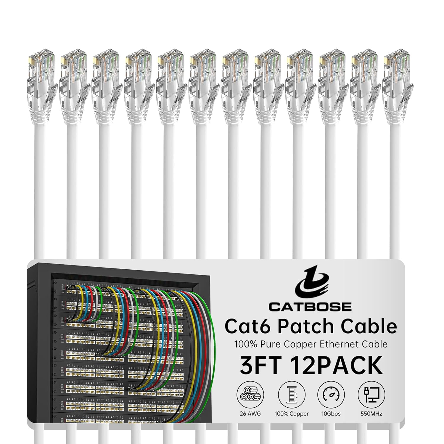 3 Feet Cat6 Patch Cables(12 Pack), Solid Pure Copper Patch Cord, Cat 6 Ethernet Cable, UTP ...