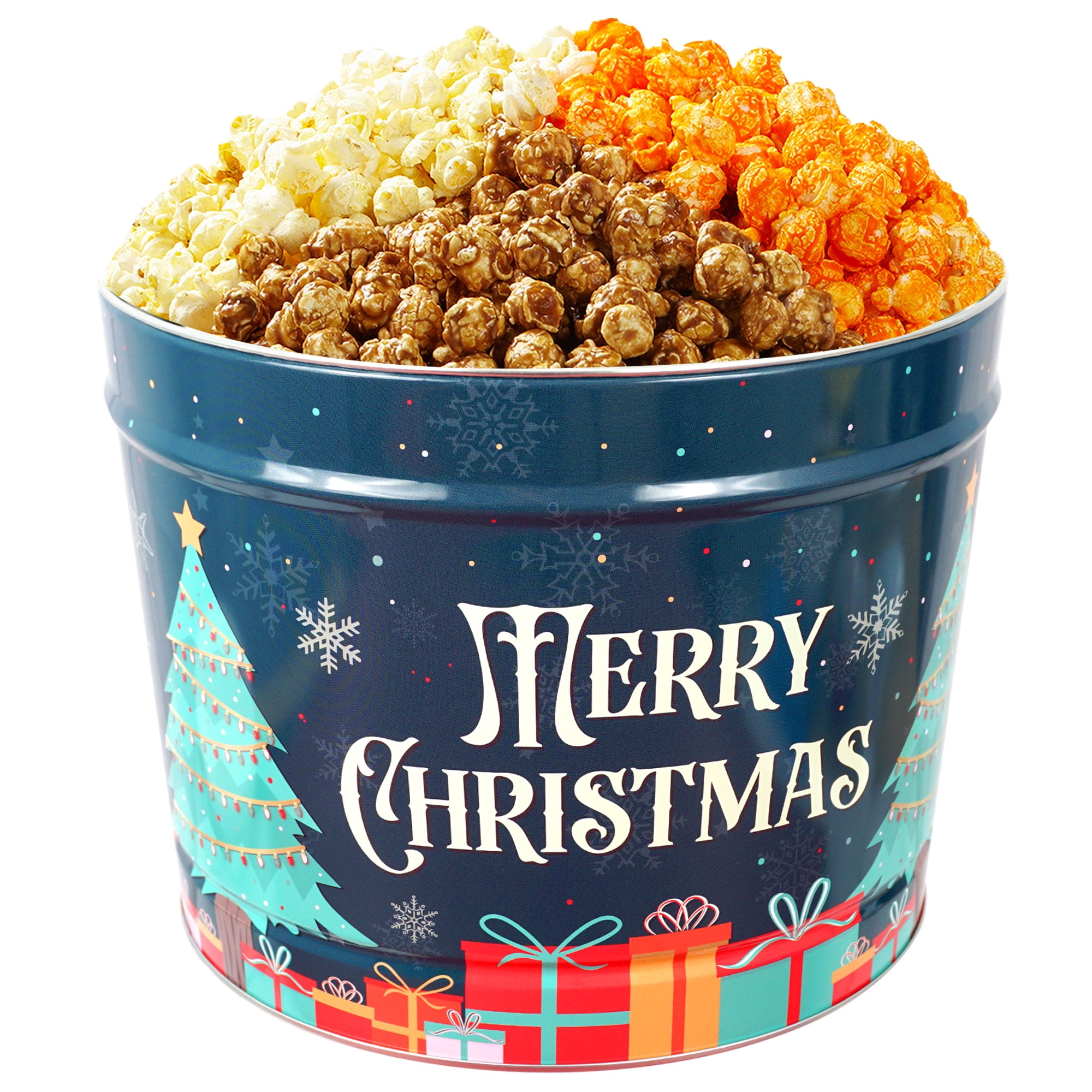 3 Flavor, 2 Gallon Merry Christmas Tree & Gift Gourmet Popcorn Tin ...