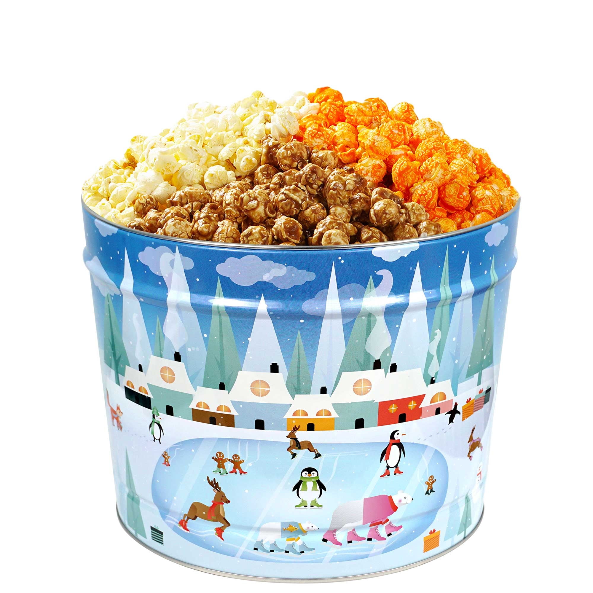 3 Flavor, 2 Gallon Snowy Winter Village Gourmet Popcorn Tin, Butter ...