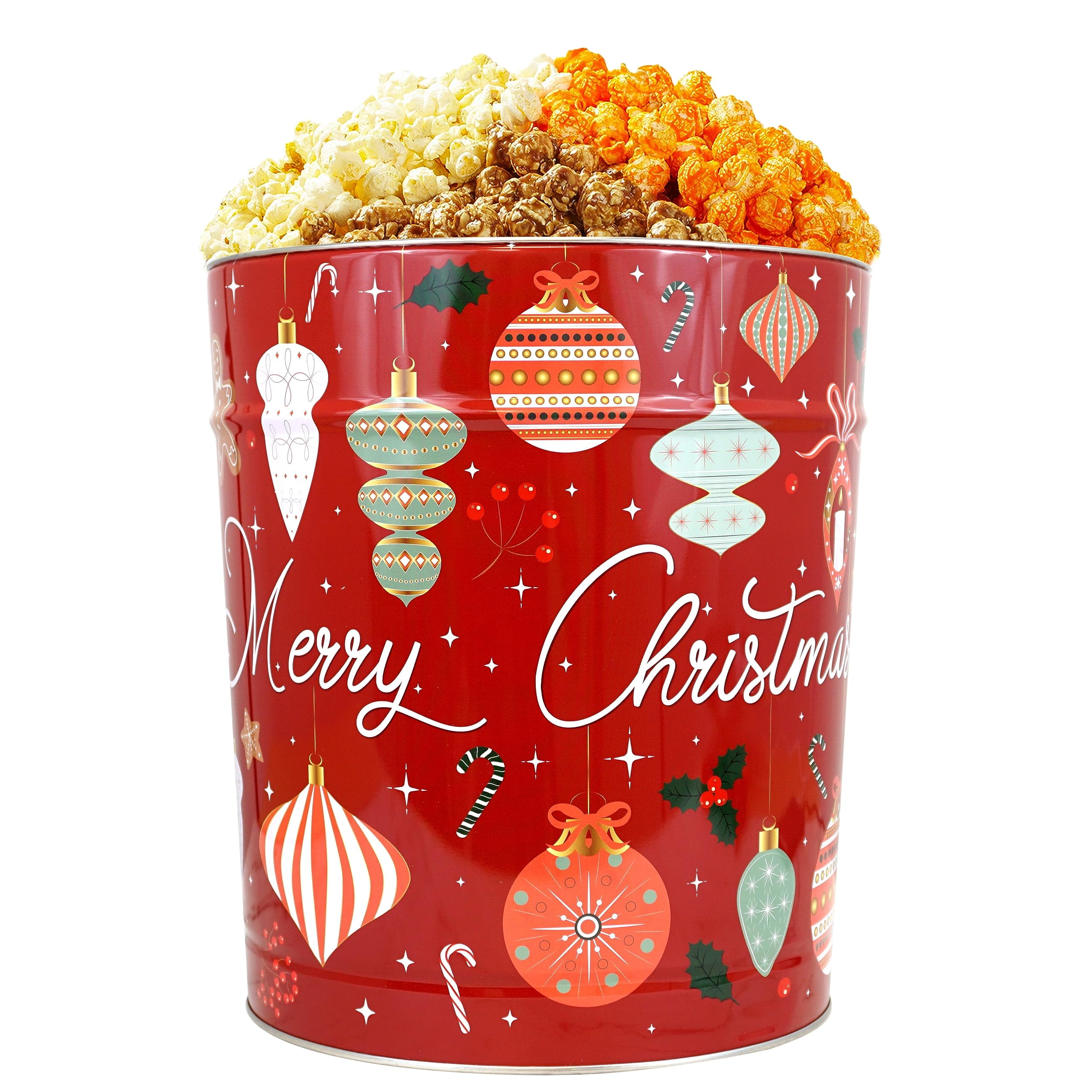 3 Flavor, 3.5 Gallon Merry Christmas Ornaments Gourmet Popcorn Tin ...