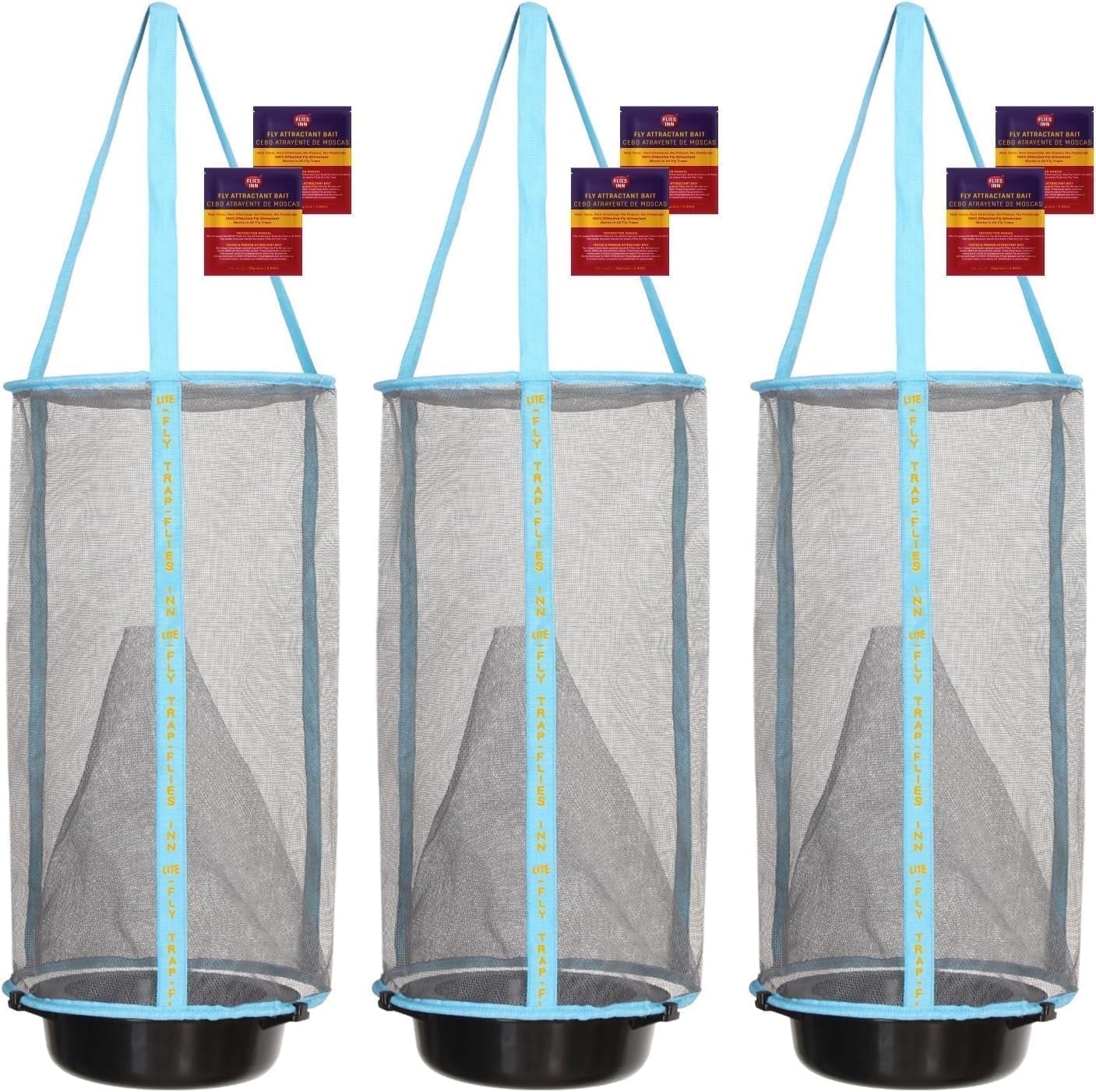 3 Flies Inn Lite Cage Ranch Fly Traps with 9 Baits, Low Odor, Reusable ...