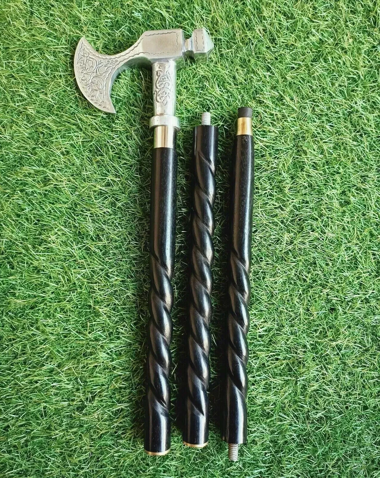 3-Fold Twisted Black Wooden Cane with Viking Axe Designer Handle ...