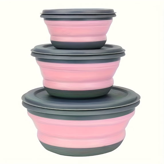 3 Foldable Silicone Camping Bowls with Lid - Expandable Food Storage ...