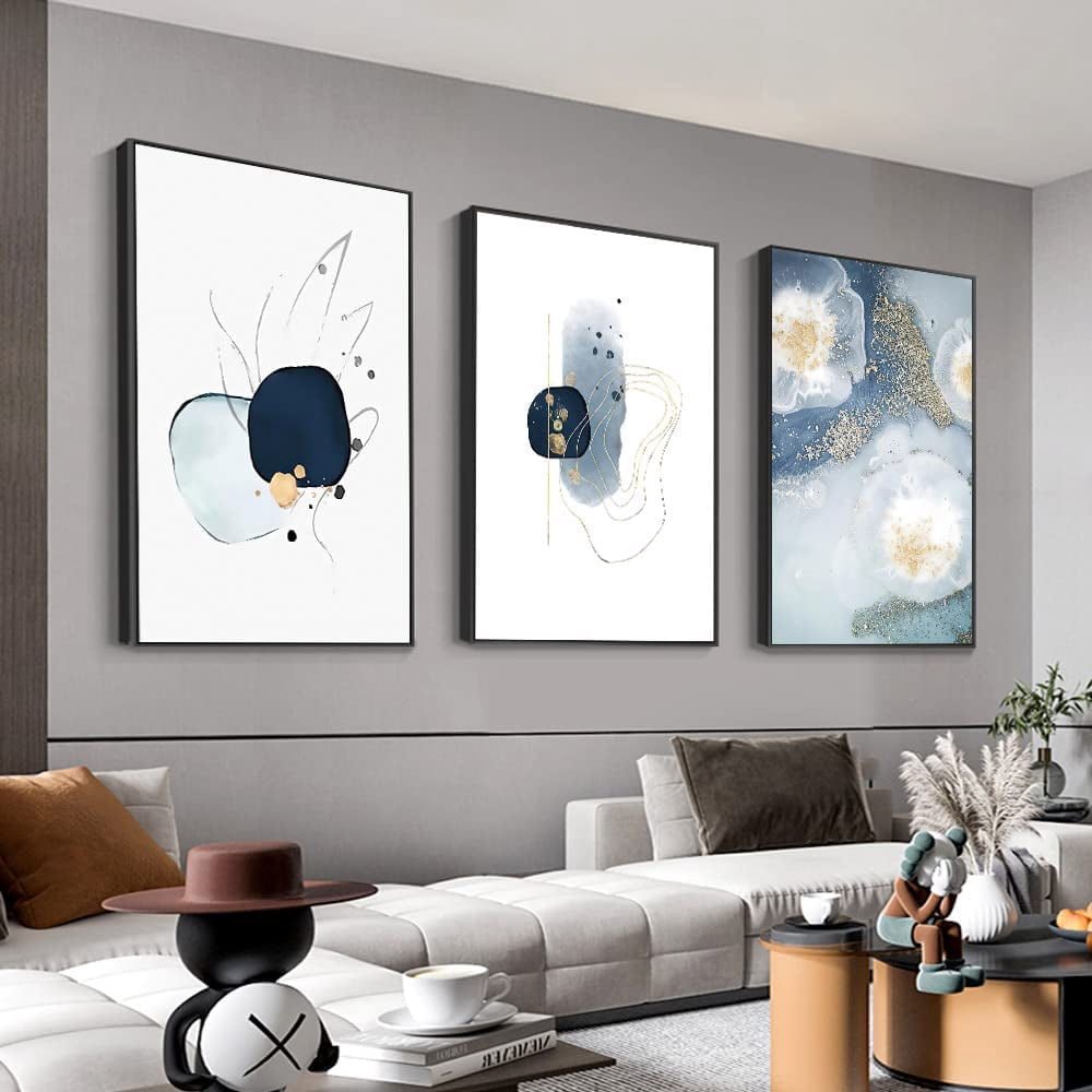 3 Framed Abstract Canvas Wall Art, Artwork in Blue, White and Grey ...