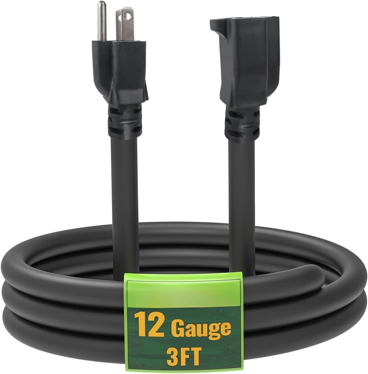 3 Ft Extension Cord - 12/3 SJTW Black Extension with 3 Prong Grounded ...