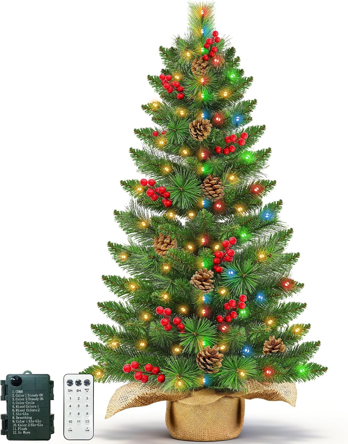 3 Ft Small Christmas Tree Remote Control Artificial Tabletop Christmas ...