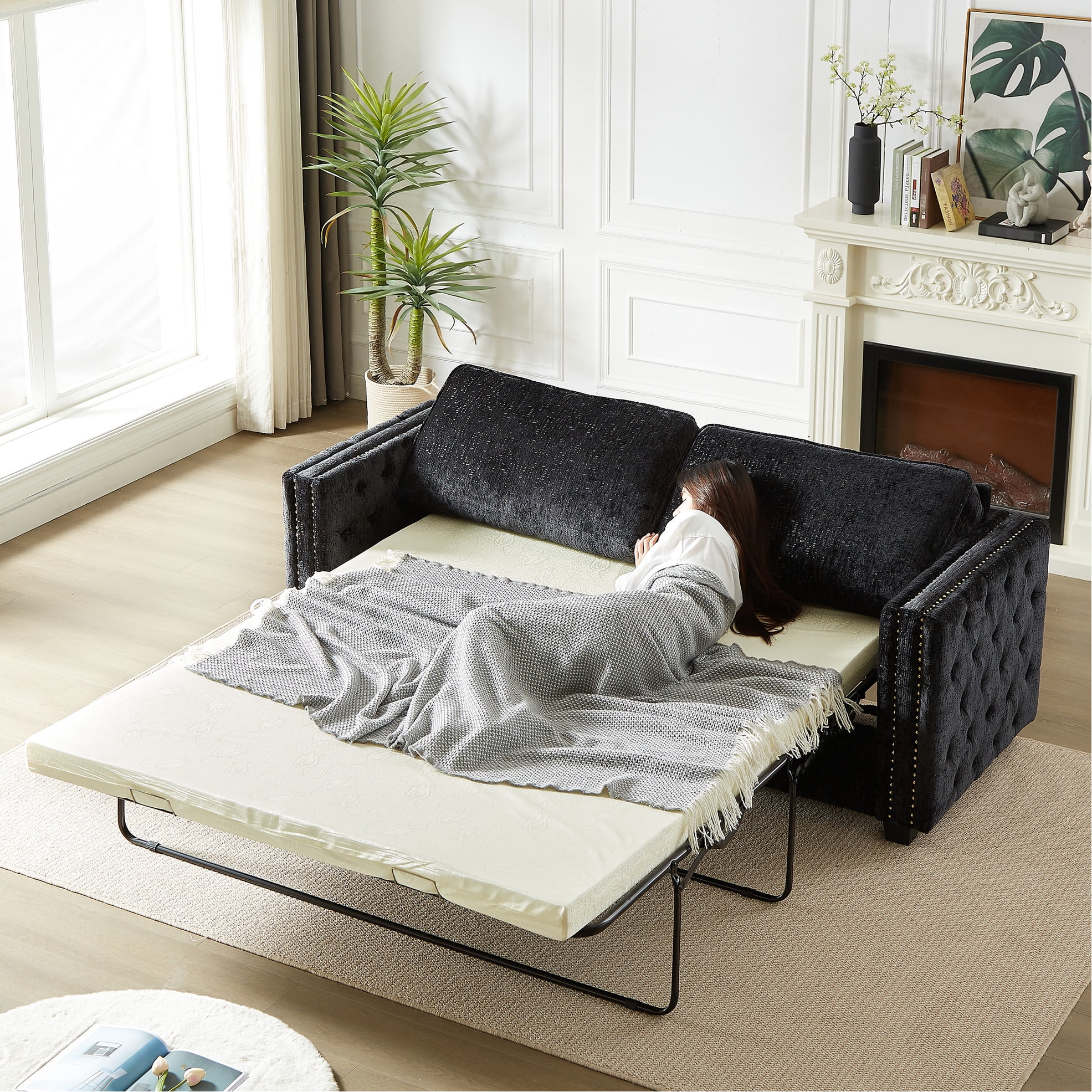 3 Full Size Memory Foam Convertible Sleeper, Chenille Fabric In Black ...