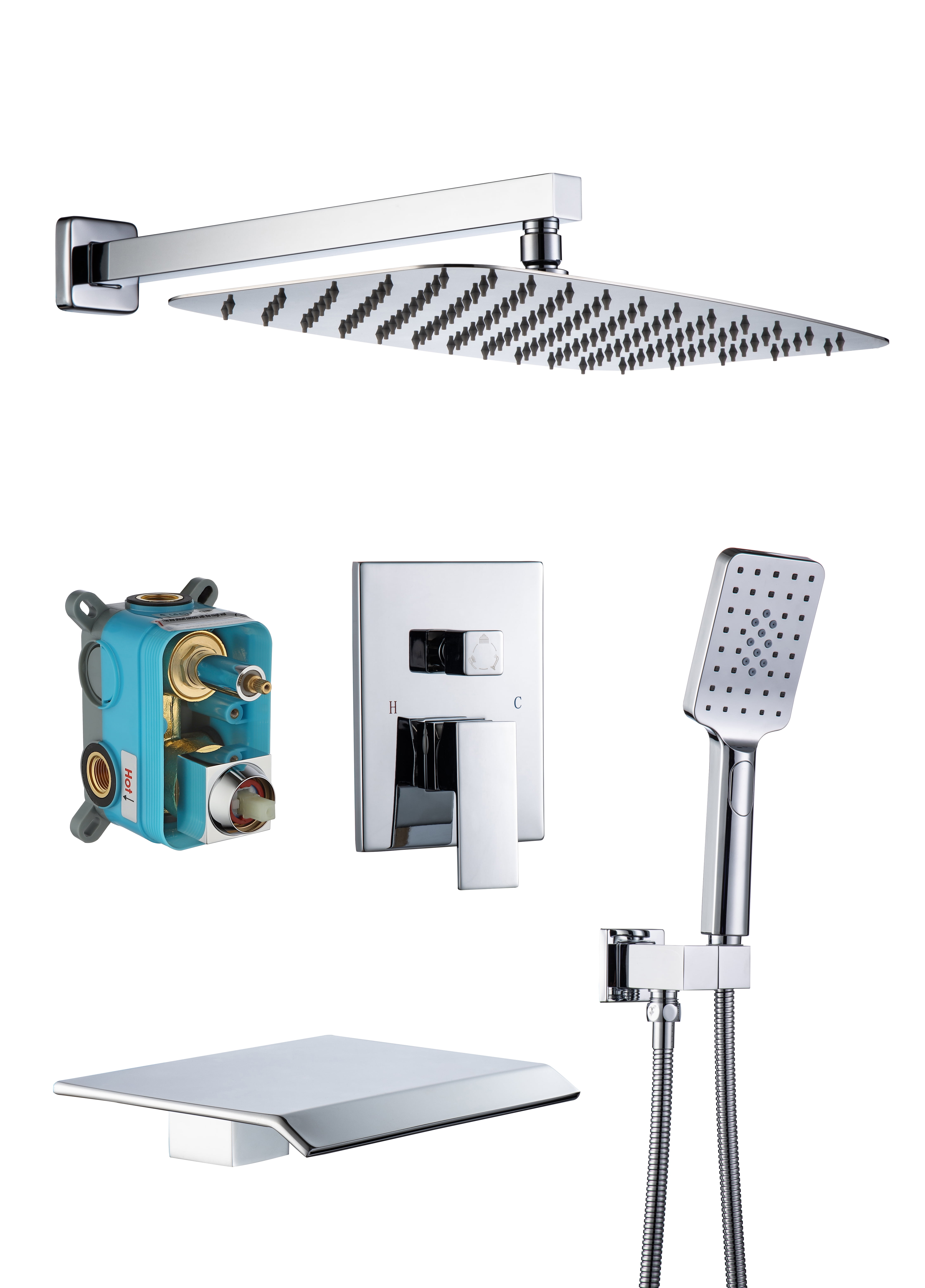 3 Function Shower Faucet Set With Waterfall Tub Spout And 10 Inch Rain