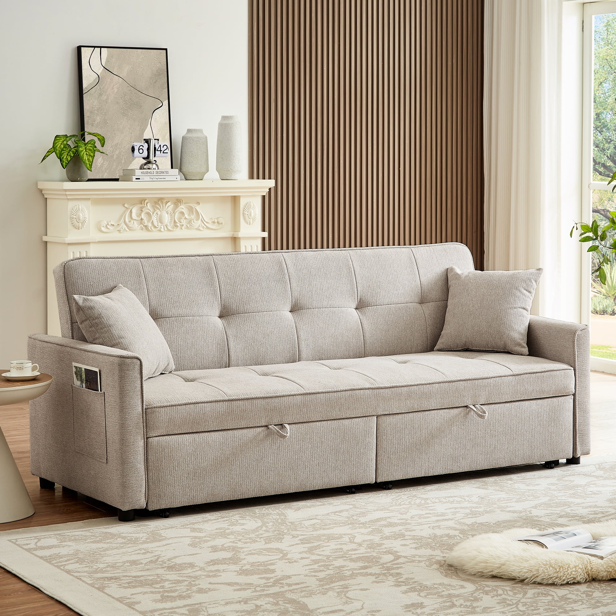 3 Futon, Beige Fabric With Pullout Sleeper And Reclining For Comfort ...