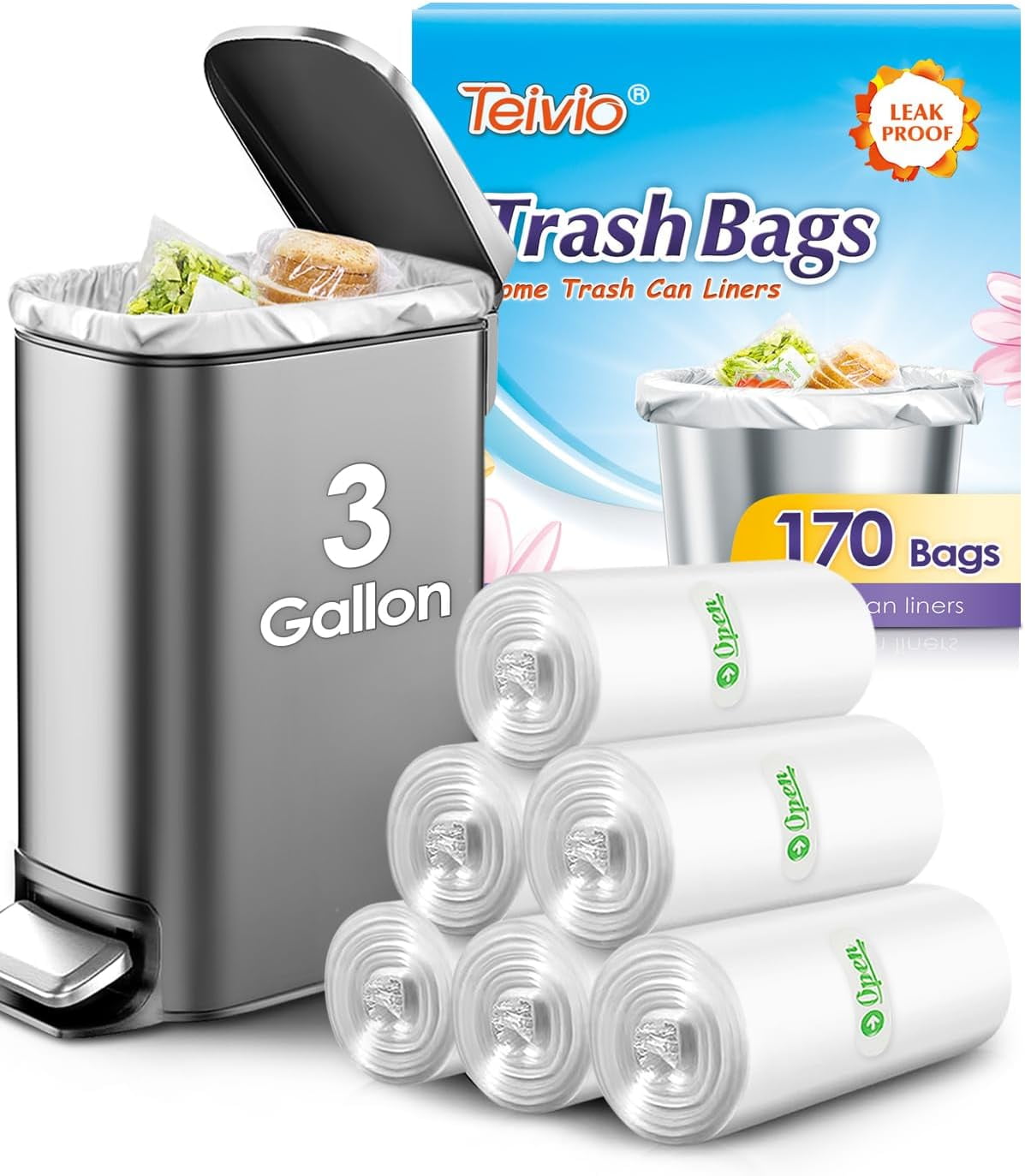 3 Gallon 170 Counts Small Trash Bags 3 Gallon 3.1 Gallon 3.2 Gallon fit ...