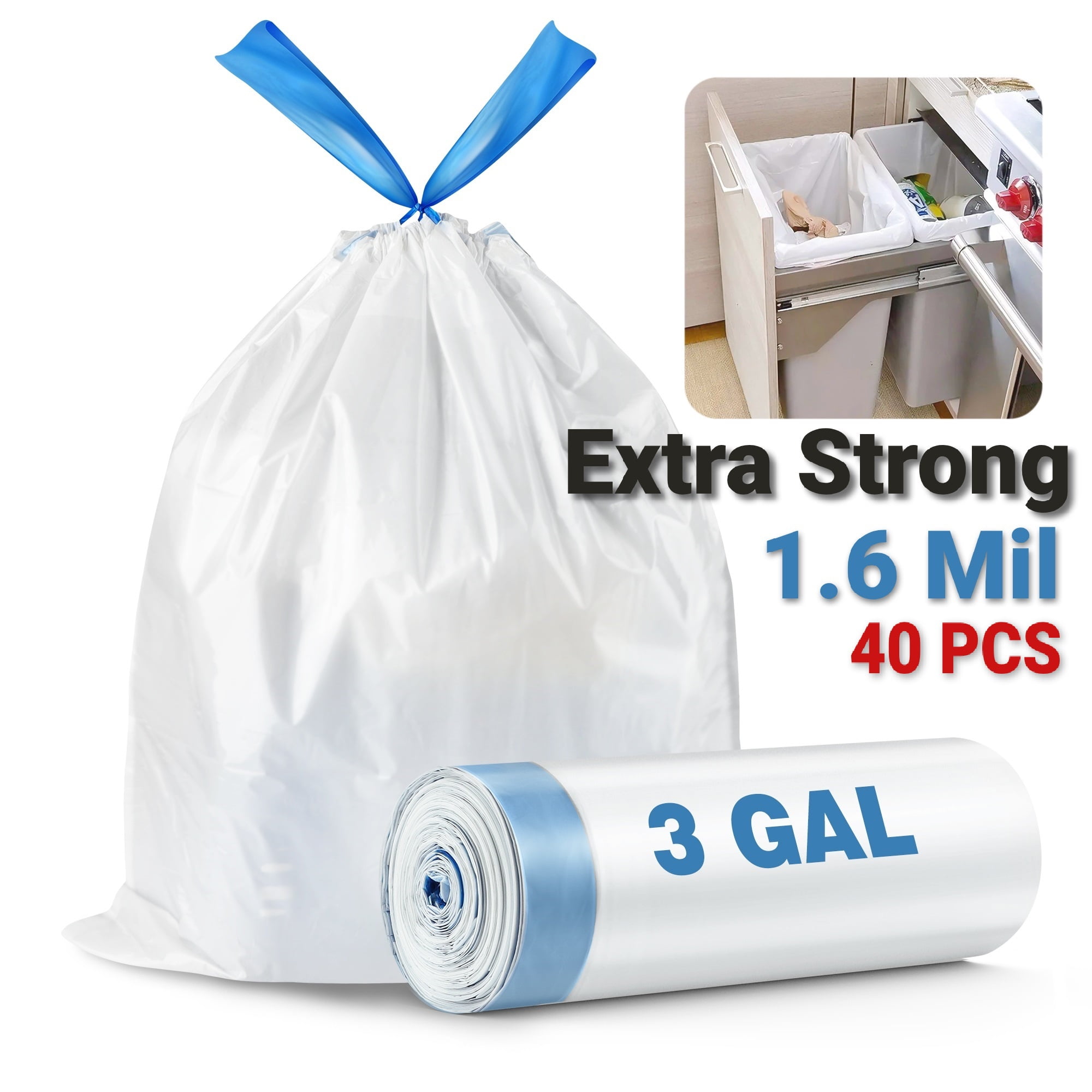 Extra Strong 3 Gallon Trash Bags Drawstring 1.6 Mil - 40 Count 12 Liter ...