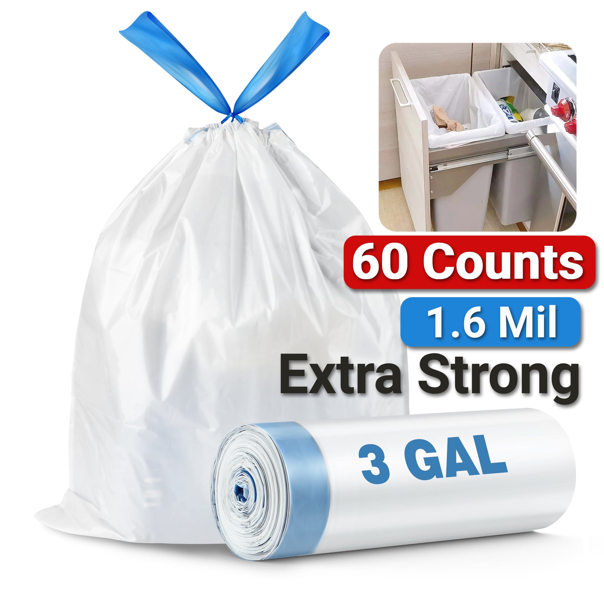 3 Gallon 60 Counts Strong Trash Bags Garbage Bags, Bathroom Trash Can ...