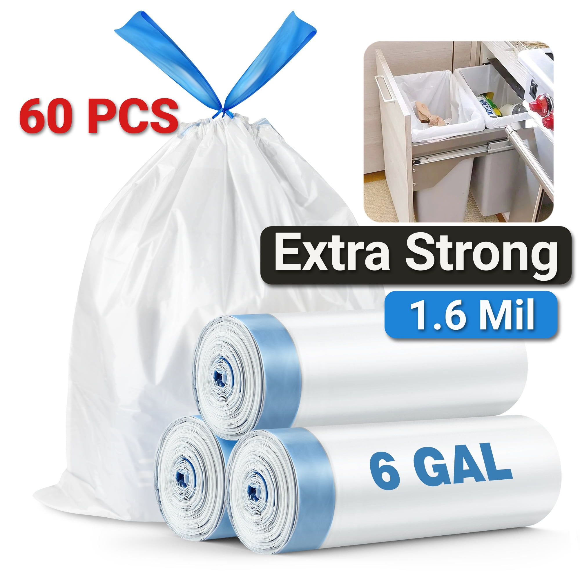 3 Gallon(Fit 3-3.2 Gal)60 Counts 1.6 Mil Strong Trash Bags 3 Gallon 3.2 ...